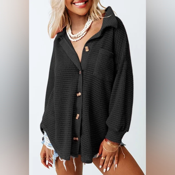 Tops | Black Waffle Knit Button Up Casual Shirt Shacket | Poshmark